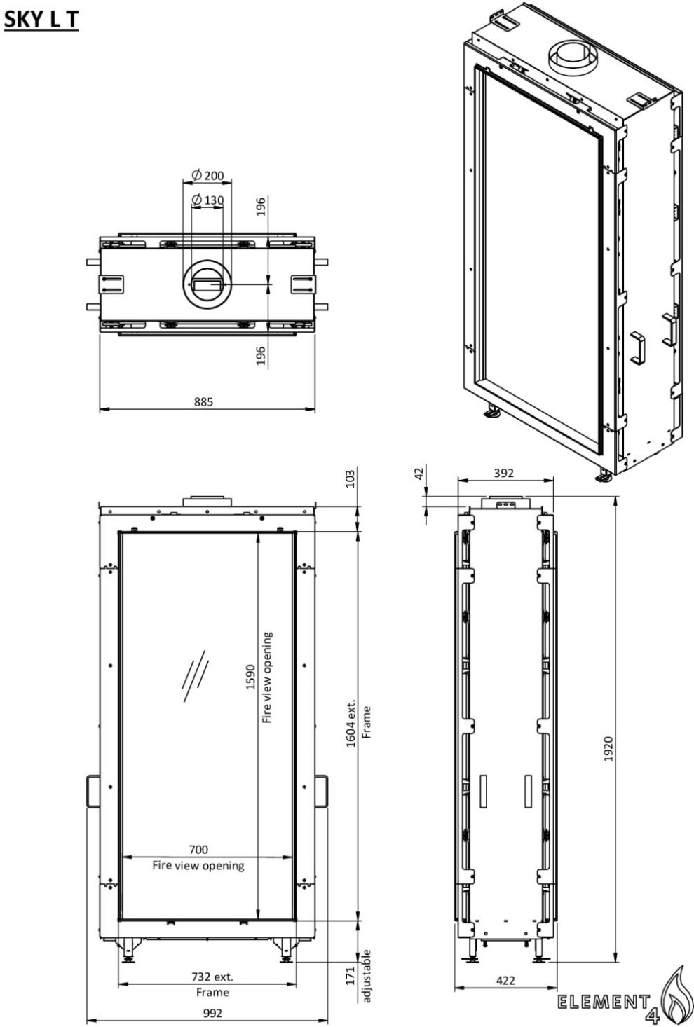 Element 4 Sky Large Tunnel Bioethanol Fireplace - Bonfire